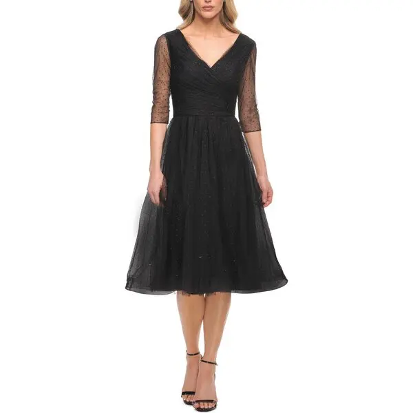 LABOMME Tea Length Tulle Dress With Beading And Sheer Sleeve - Black