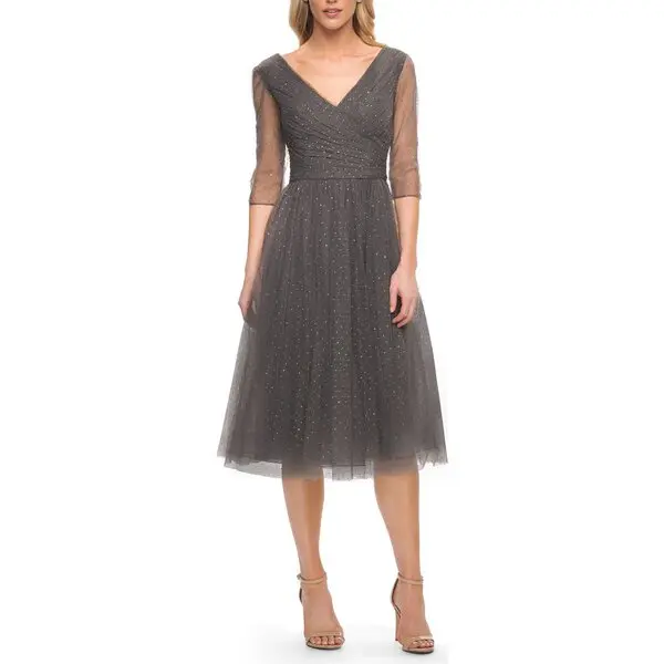 LABOMME Tea Length Tulle Dress With Beading And Sheer Sleeve - Gunmetal