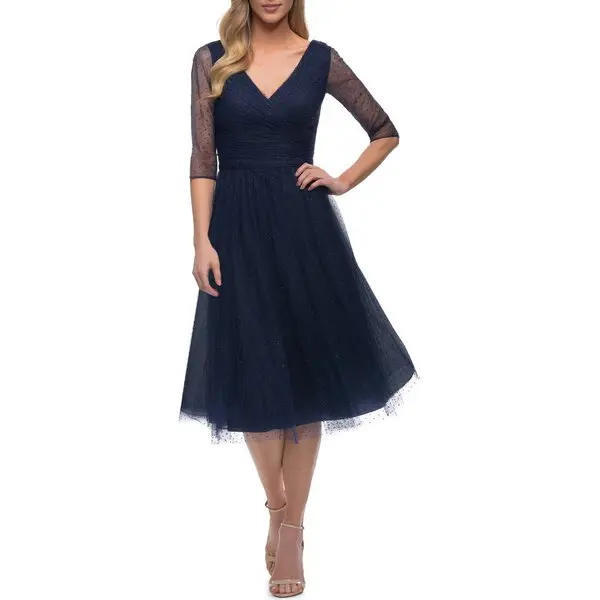 La Femme Beaded Tulle Cocktail Dress - Navy