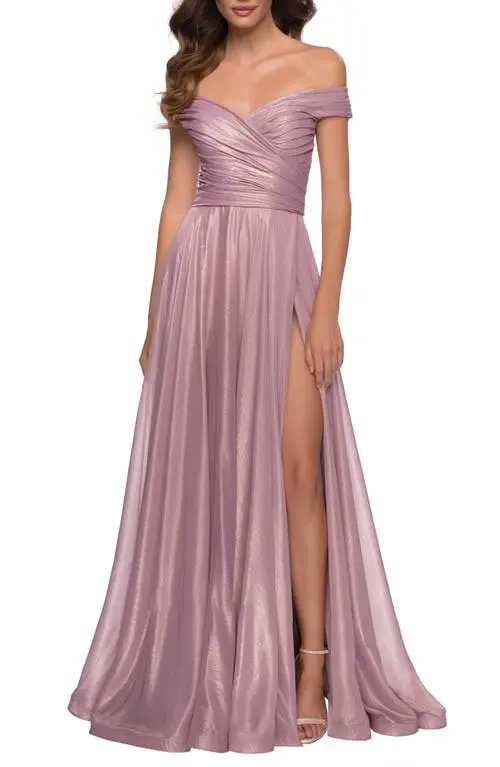La Femme Off-the-shoulder Chiffon Gown With Slit