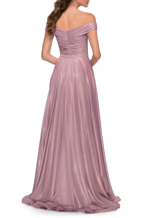 La Femme Off-the-shoulder Chiffon Gown With Slit
