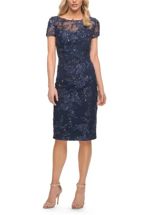 LABOMME Beautiful Short Dress With Illusion Top And Sleeve - Navy