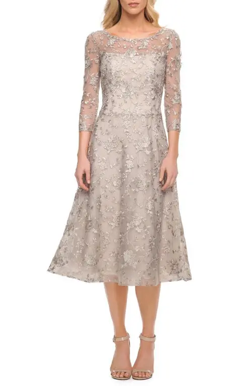 La Femme Embroidered Lace A-line Dress - Pearl/silver