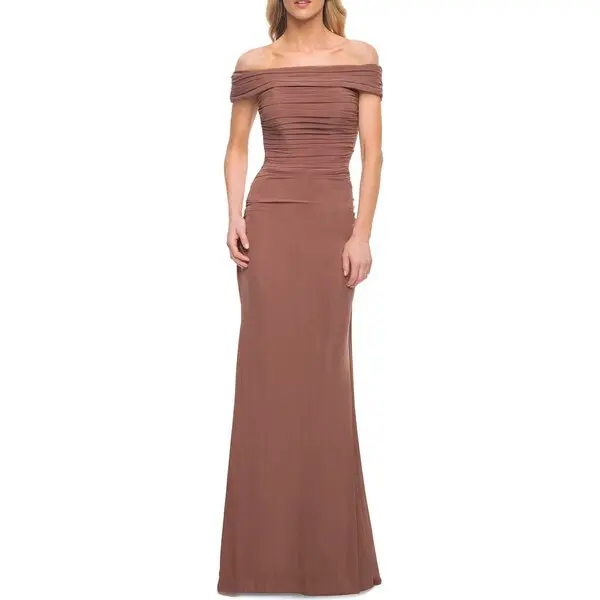 LABOMME Ruched Off The Shoulder Net Jersey Evening Dress - Cocoa