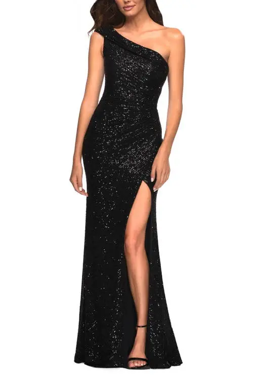 LABOMME One Shoulder Gown In Elegant Soft Sequin Fabric - Black