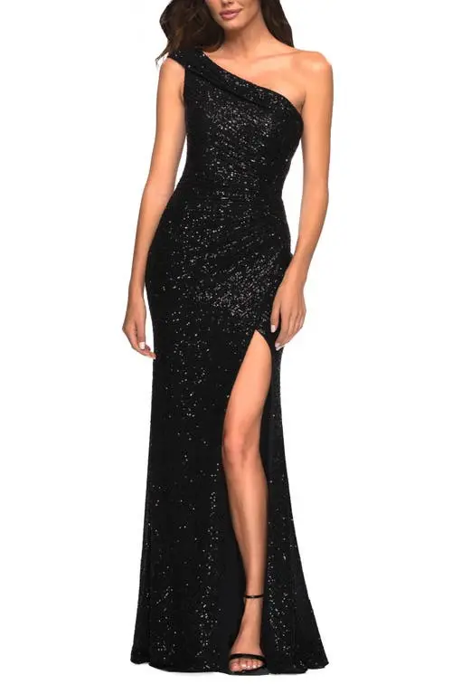 La Femme One-shoulder Sequin Gown With Slit - Black