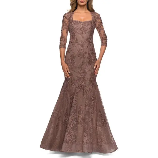 LABOMME Long Lace Mermaid Gown With Square Neckline - Cocoa