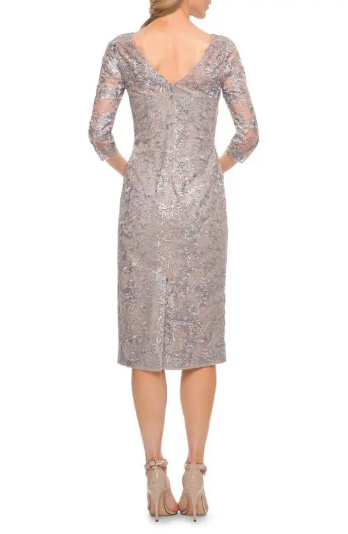 La Femme Metallic Lace Sheath Dress - Silver/mauve