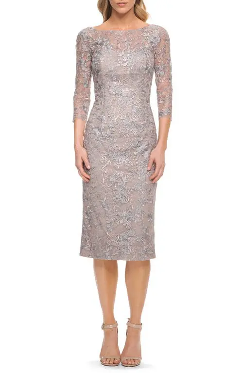 La Femme Metallic Lace Sheath Dress - Silver/mauve