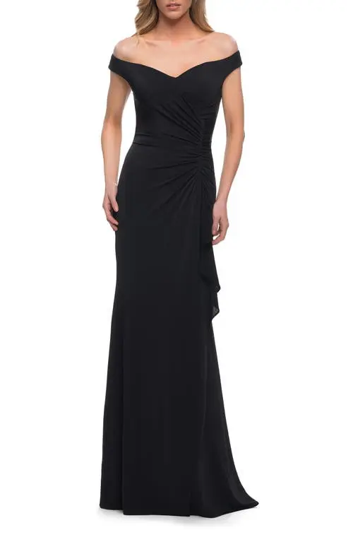 LABOMME Off The Shoulder Ruched Jersey Gown - Black