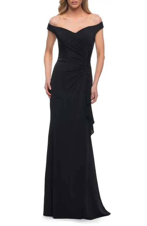 La Femme Off-the-shoulder Ruched Jersey Gown - Black