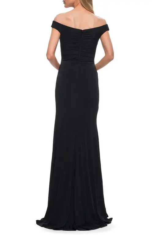 La Femme Off-the-shoulder Ruched Jersey Gown - Black
