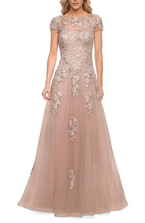 La Femme Cap Sleeve Tulle Gown - Blush