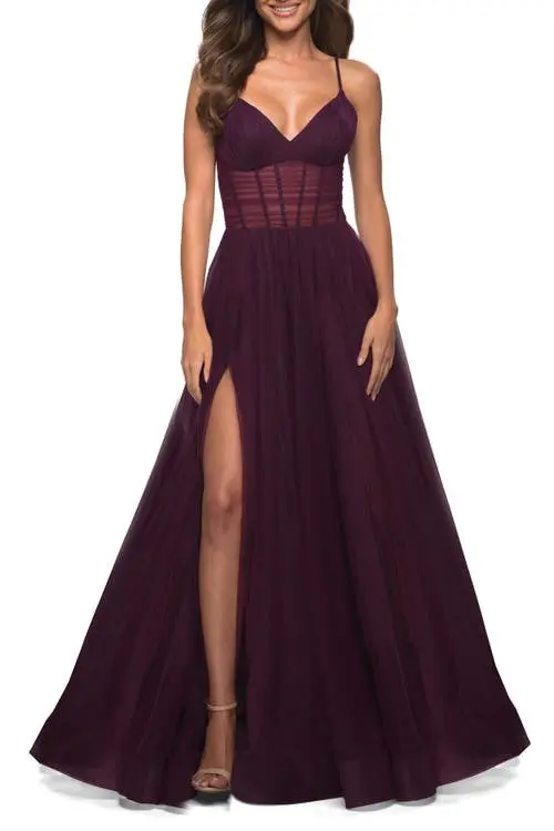 LABOMME Tulle A-line Prom Dress With Corset Sheer Bodice - Dark Berry