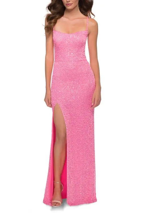 LABOMME Neon Sequin Prom Dress With Square Neckline - Neon Pink