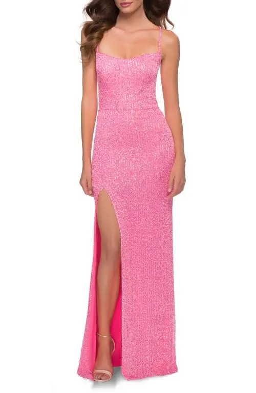 La Femme Sequin Gown With Plunging Side Slit And Open Back - Neon Pink