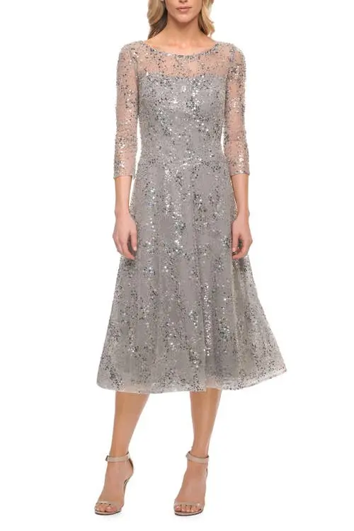 LABOMME Lace Tea Length Dress With Flare Skirt And High Neckline - Silver