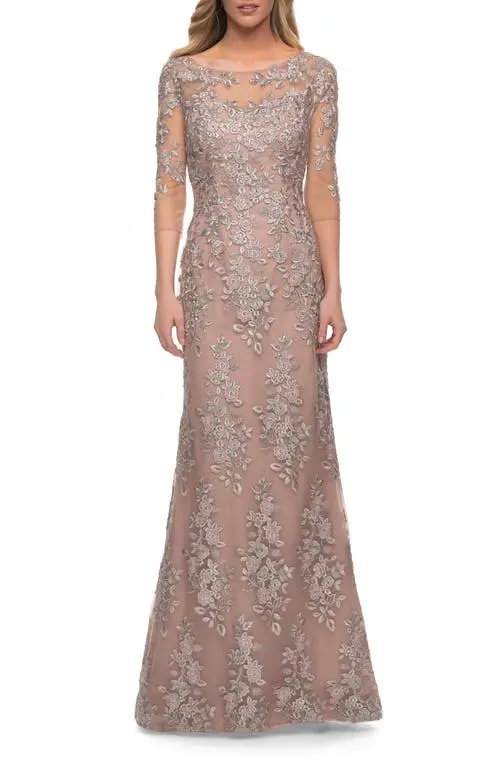 LABOMME Gorgeous Lace Long Gown With Three-quarter Sleeves - Champagne