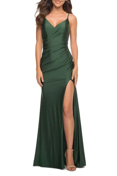 LABOMME Diagonal Ruched Jersey Gown With V Neckline - Dark Emerald