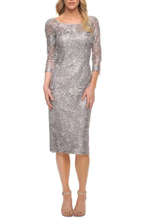 La Femme Metallic Lace Boatneck Sheath Dress - Silver