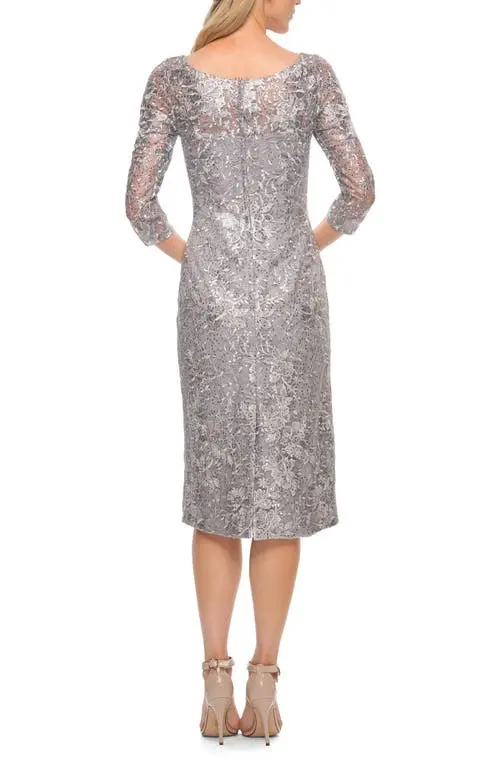 La Femme Metallic Lace Boatneck Sheath Dress - Silver