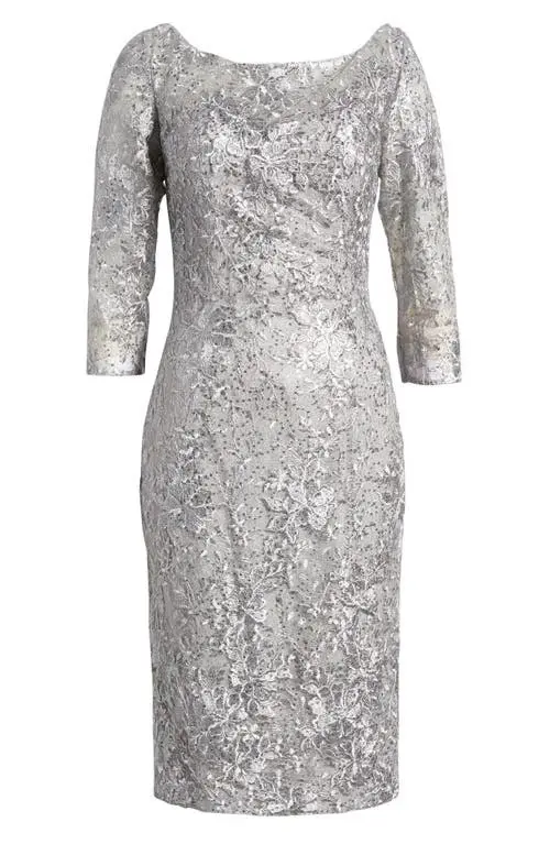 La Femme Metallic Lace Boatneck Sheath Dress - Silver