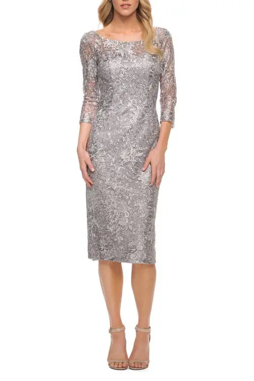 La Femme Metallic Lace Boatneck Sheath Dress - Silver