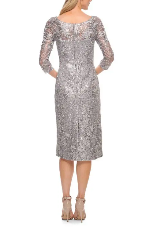 La Femme Metallic Lace Boatneck Sheath Dress - Silver