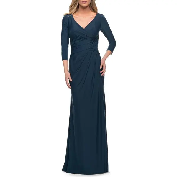 La Femme Ruched Bodice Sheath Gown - Dark Teal