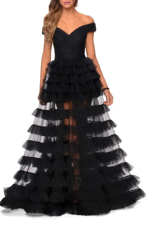 LABOMME Sheer Layered Tulle Off The Shoulder Prom Gown - Black