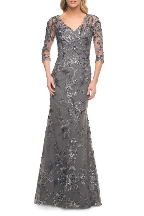 LABOMME Exquisite Lace Beaded Long Gown With Sheer Sleeves - Gunmetal