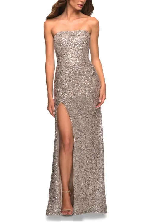 LABOMME Strapless Ruched Sequin Gown In Gorgeous Colors - Silver
