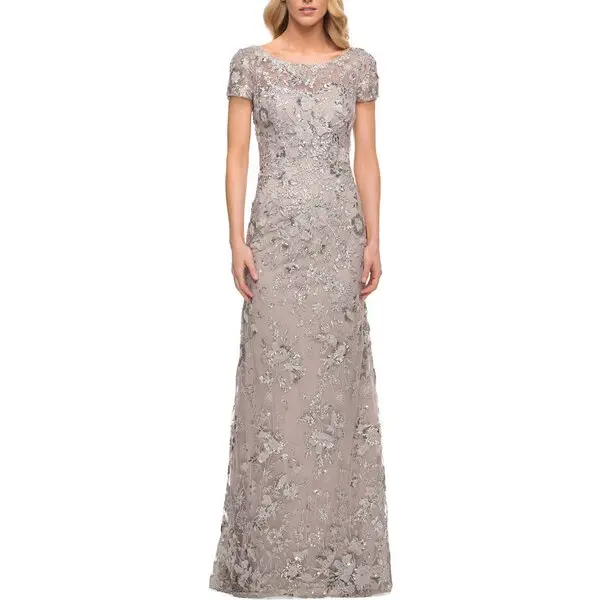 La Femme Lace Column Gown - Lavender/gray