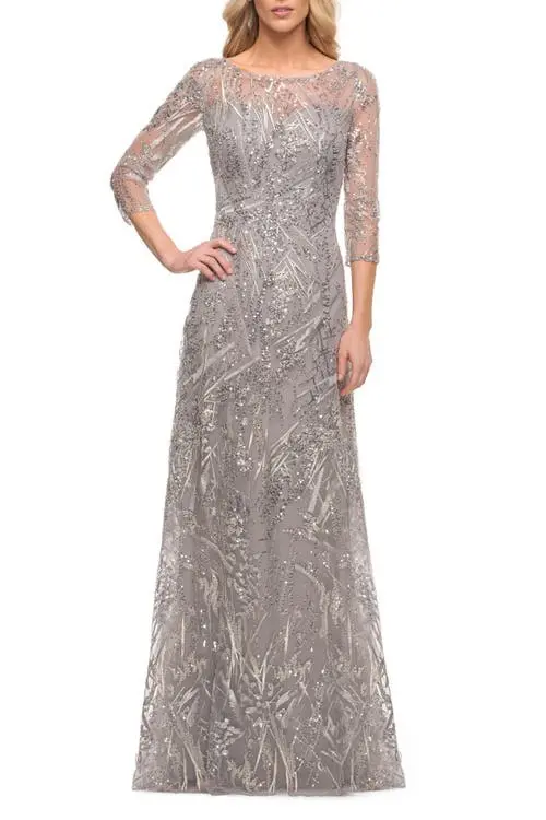 LABOMME Long Evening Gown With Unique Lace Beaded Design - Silver