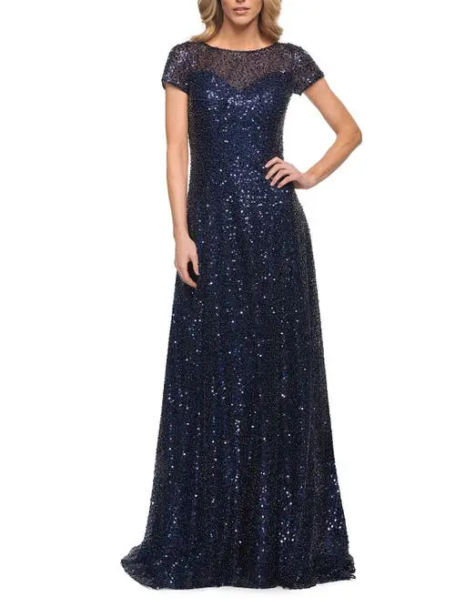 LABOMME Stunning Beaded Gown With Short Sleeves - Navy