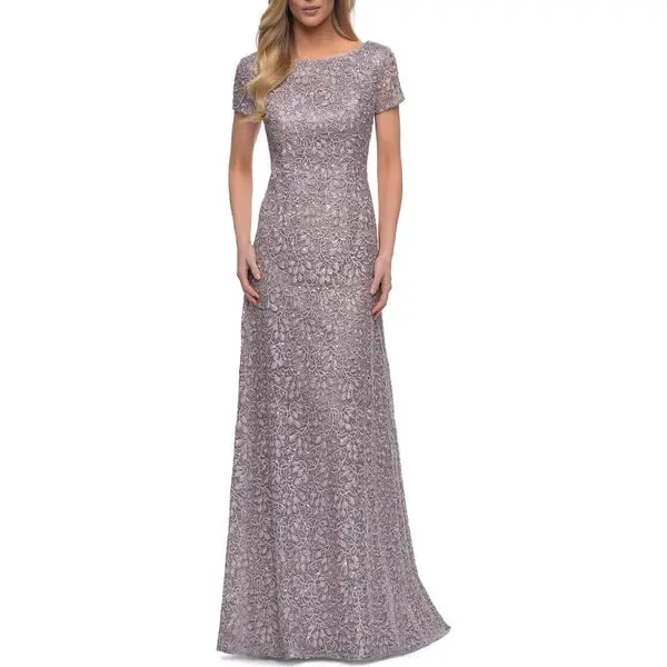 LABOMME Embroidered Lace Long Gown With Short Sleeves - Dark Mauve