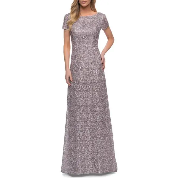 La Femme Embroidered Lace Column Gown - Dark Mauve