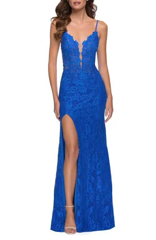 La Femme Stretch Lace Gown With Plunging Neckline And Open Back - Royal Blue