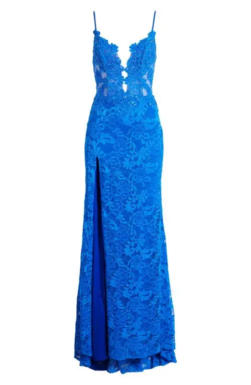 La Femme Stretch Lace Gown With Plunging Neckline And Open Back - Royal Blue