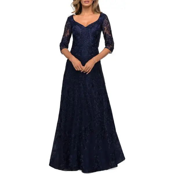 LABOMME Embroidered Lace Gown With V Neckline And Flare Skirt - Navy