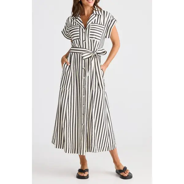 BRAVE+TRUE Portia Stripe Maxi Shirtdress - Black Stripe