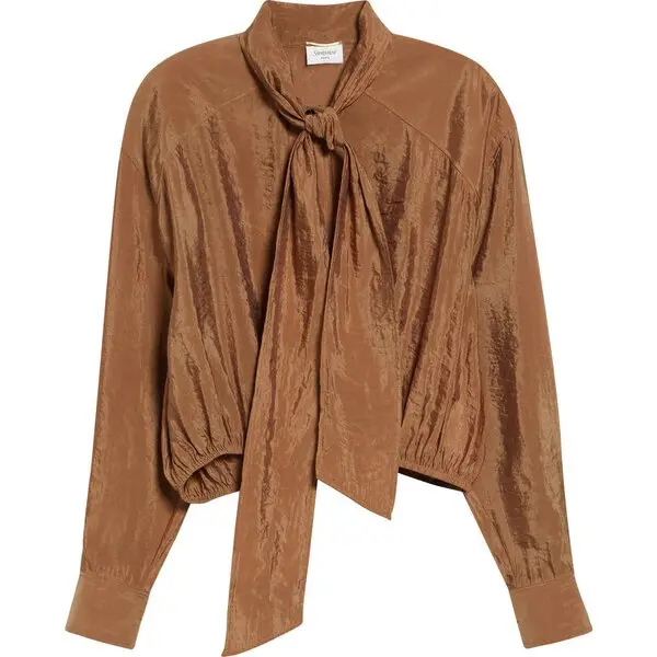 Saint Laurent Gathered Taffeta Tie Neck Top - Caramel