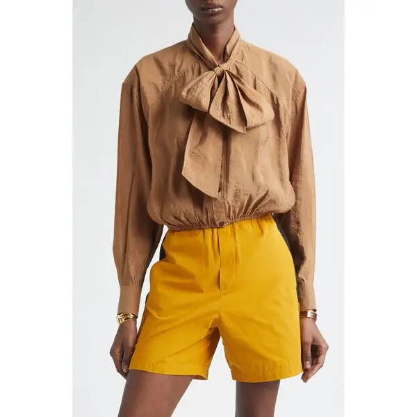 Saint Laurent Gathered Taffeta Tie Neck Top - Caramel