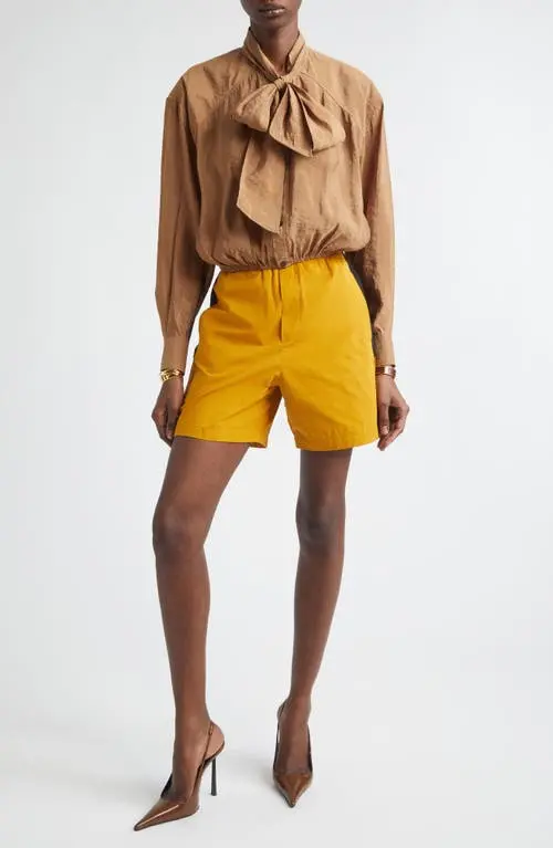 Saint Laurent Gathered Taffeta Tie Neck Top - Caramel