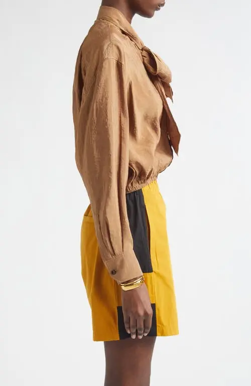 Saint Laurent Gathered Taffeta Tie Neck Top - Caramel