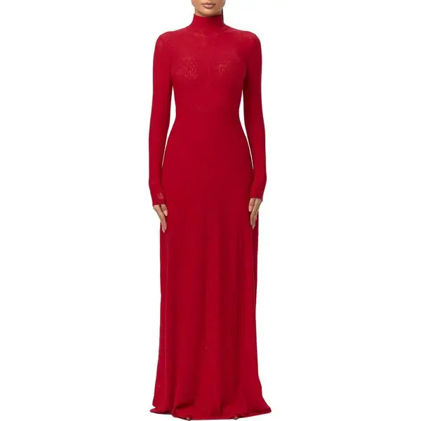 Naked Wardrobe Mock Neck Long Sleeve Lace Maxi Dress - Ruby Red