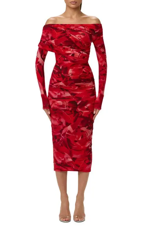 Naked Wardrobe Bare Body Print Off The Shoulder Long Sleeve Midi Dress - Rouge Rose