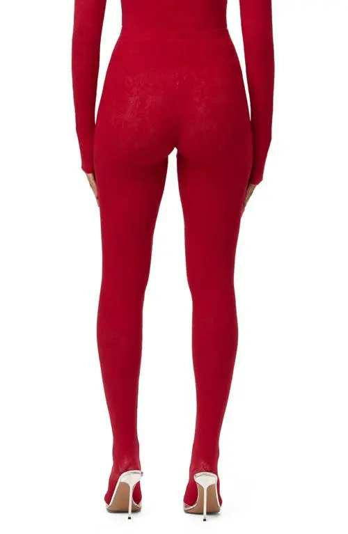 Naked Wardrobe Closed Toe Semisheer Lace Leggings - Ruby Red
