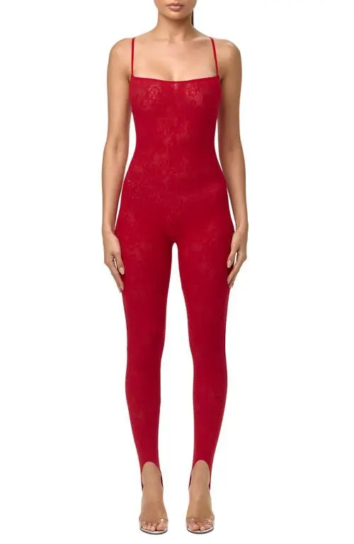 Naked Wardrobe Lace Stretch Lace Stirrup Jumpsuit - Ruby Red