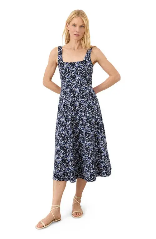 PACT Fit & Flare Square Neck Organic Cotton Dress - Paradise Petals Navy Blue